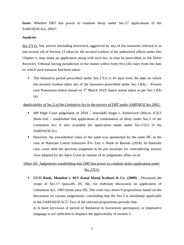 Whether DRT has power to condone delay under Sec.17 applications of the ...