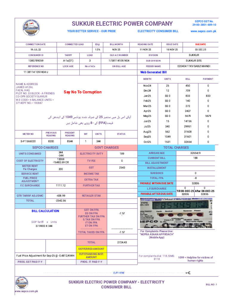 SEPCO Electricity Bill for Nov 2025 | PDF | Taxes | Fee