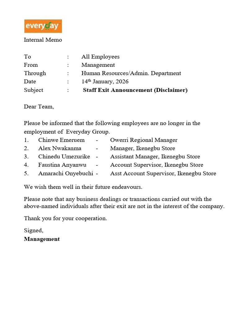 Notice of Staff Exit - Disclaimer | PDF