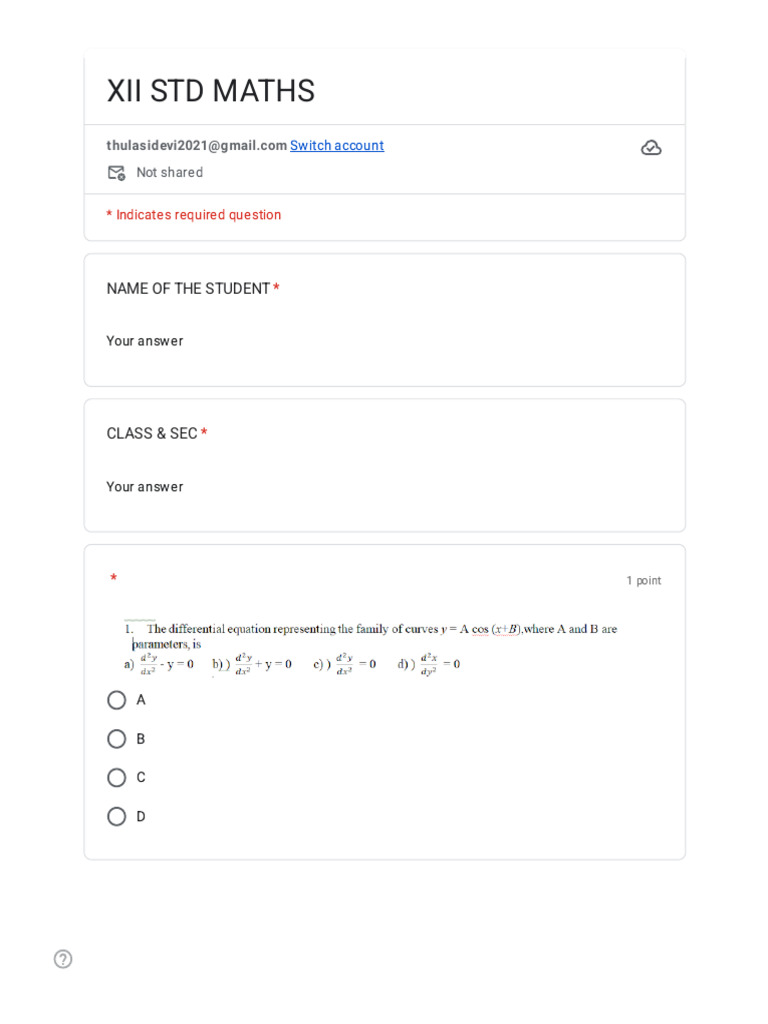 XII STD Maths Assessment Form | PDF