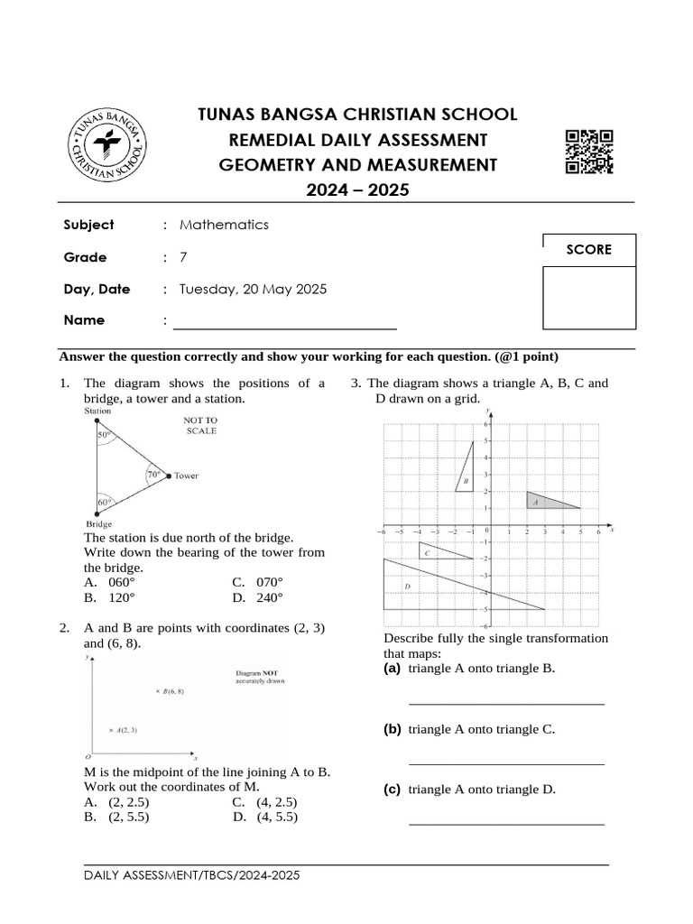 Grade 7 - 22425REMEDTES2 - Remedial Geometry and Measurement - Answer ...