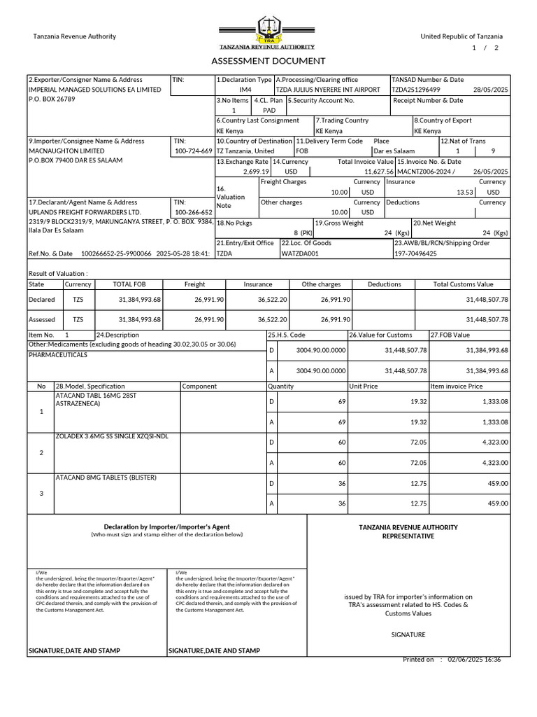 Tanzania Customs Assessment Document | PDF | Taxes | Customs