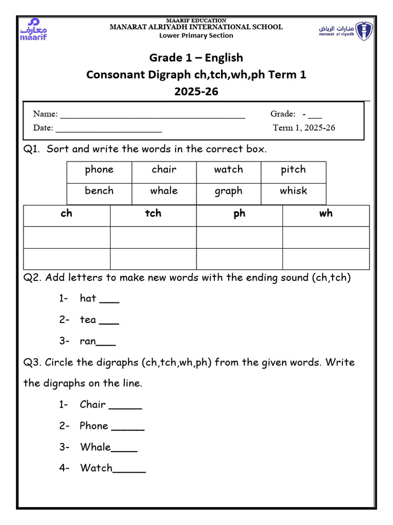 Grade 1 English Consonant Digraphs Worksheet | PDF
