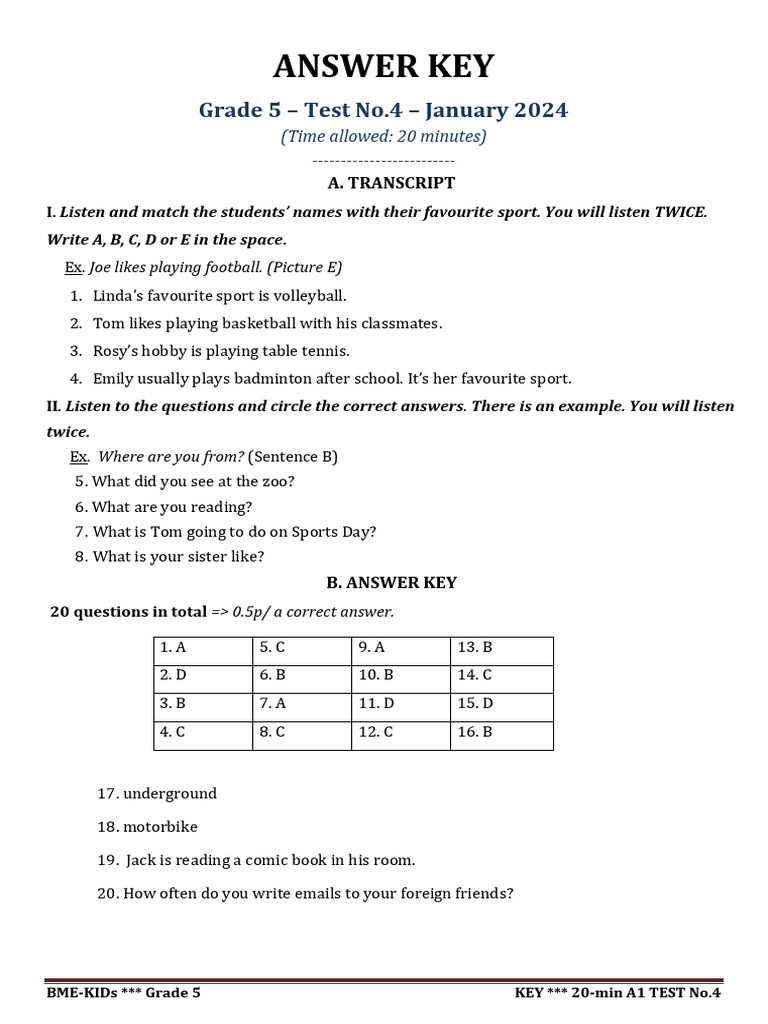 KEY - A1 TEST - 20 Min - January - 1.2024 | PDF