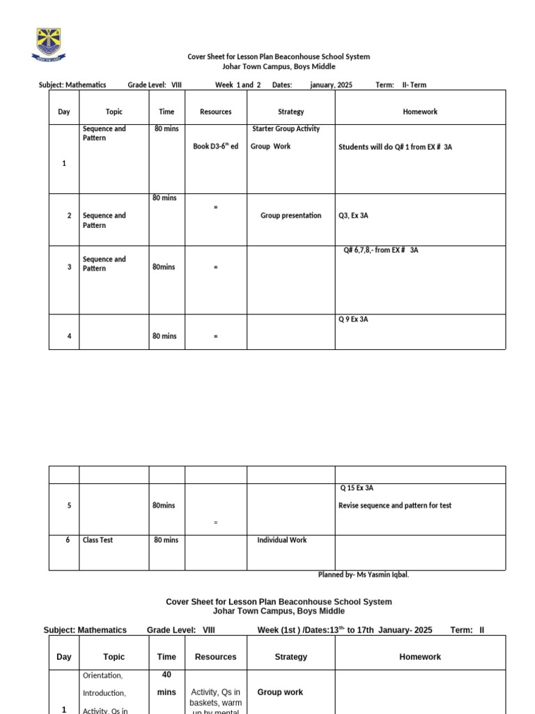 Mathematics Lesson Plan: Sequences & Patterns | PDF | Learning | Arithmetic