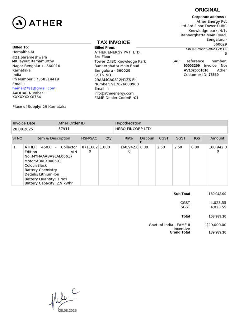 Ather Energy Tax Invoice Details | PDF | Electric Power