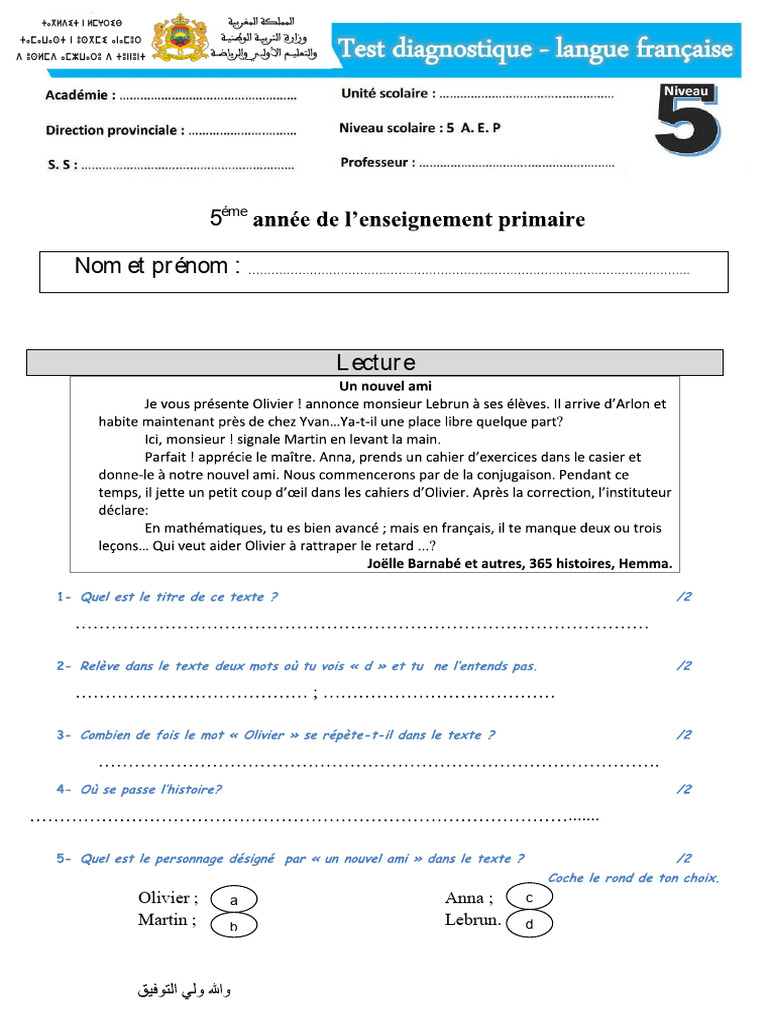 Test diagnostique en français 5AEP | PDF