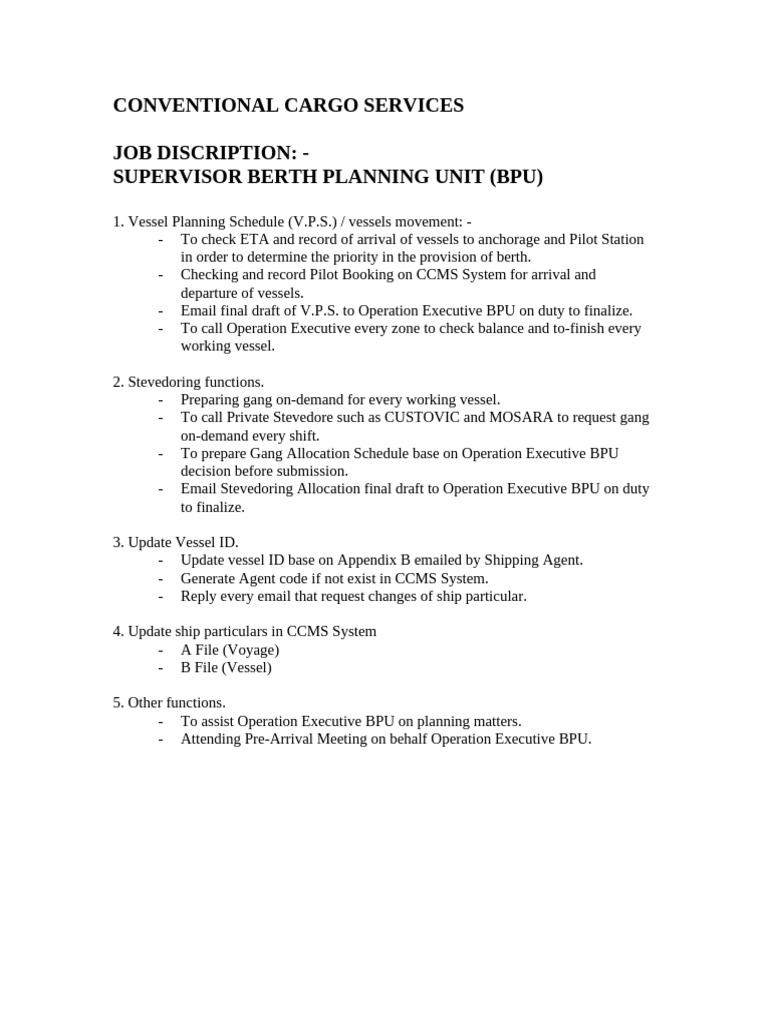 Supervisor Berth Planning Job Description | PDF