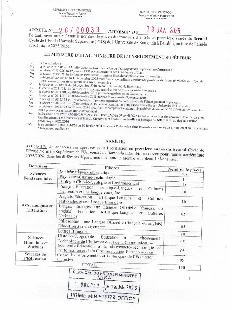 Concours ENS Bambili 2026 - 2nd Cycle | PDF