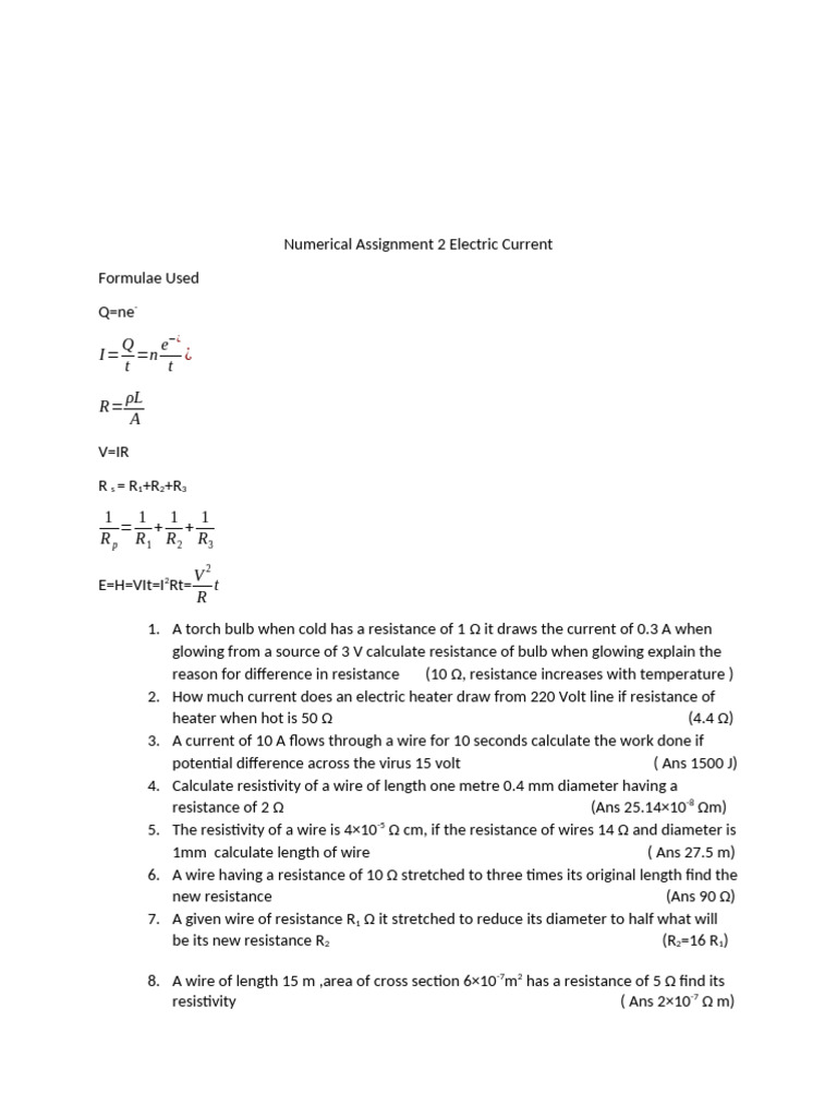 Numerical Assignment 2 Electric Current | PDF | Resistor | Series And ...