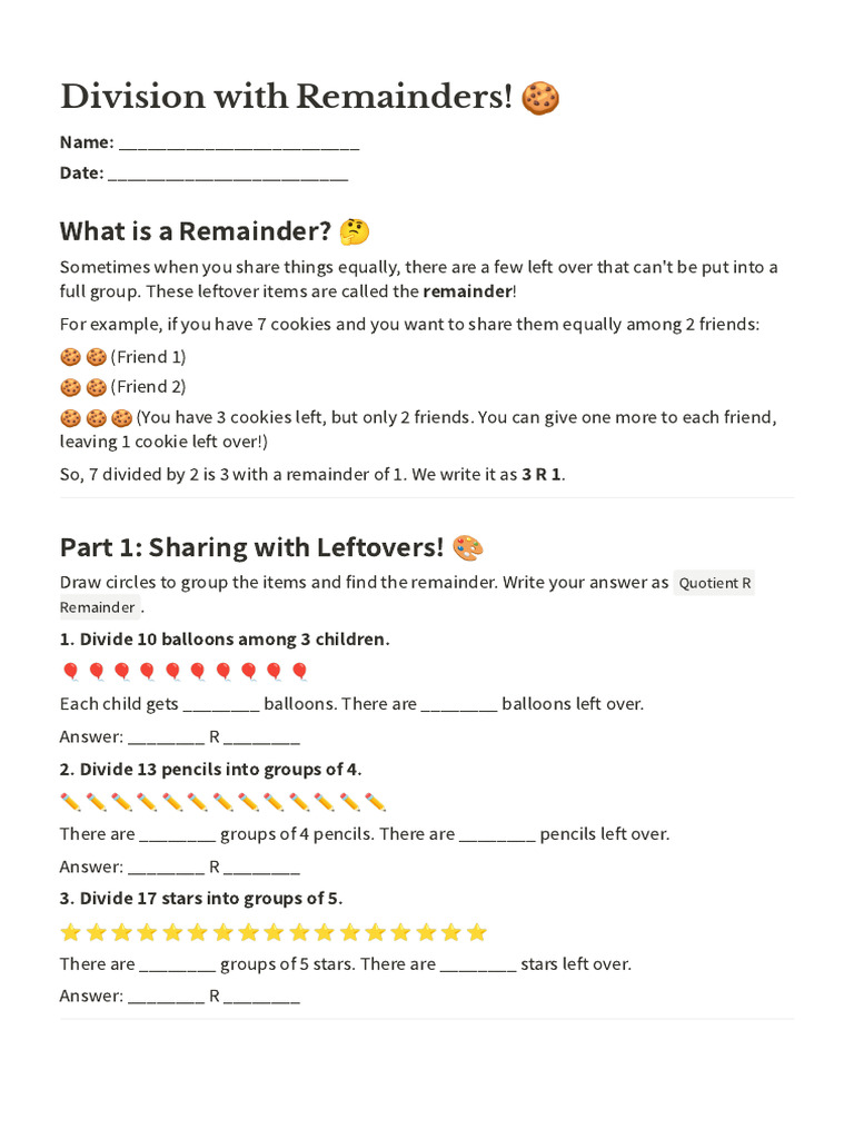 Division with Remainders Worksheet | PDF | Balloon | Pencil