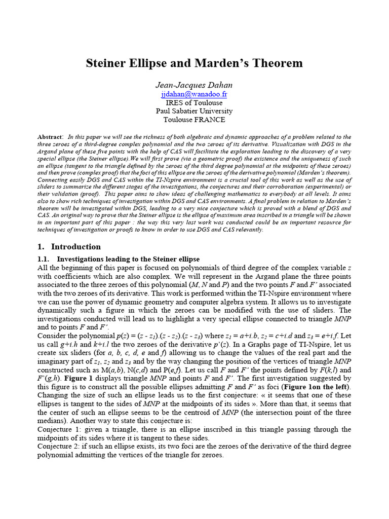 Steiner Ellipse and Marden’s Theorem | PDF | Triangle | Circle