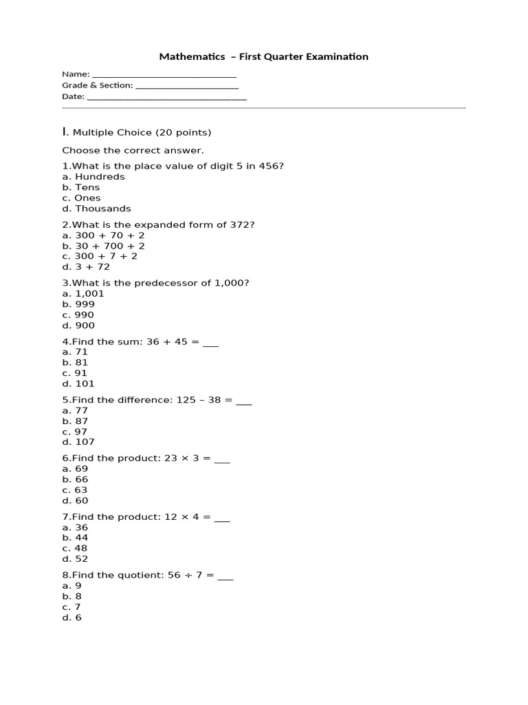 1st Quarter Math | PDF