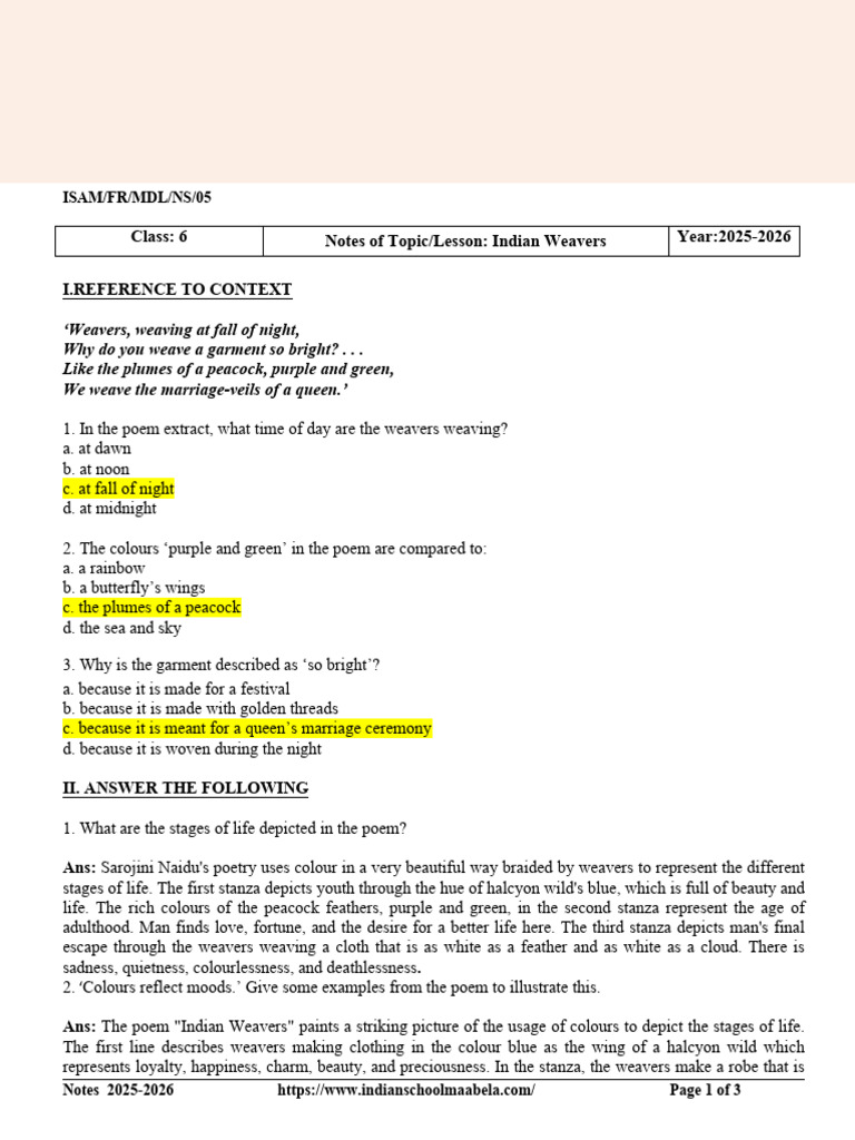 Class 6 English Notes: Indian Weavers | PDF | Weaving