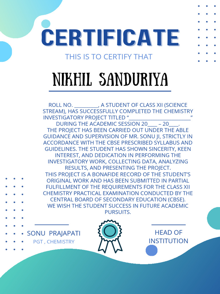CBSE Class XII Chemistry Project Certificate | PDF | Educational ...