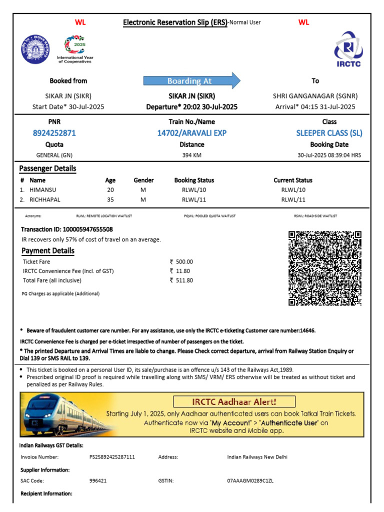 Electronic Reservation Slip | PDF | Identity Document | Payments