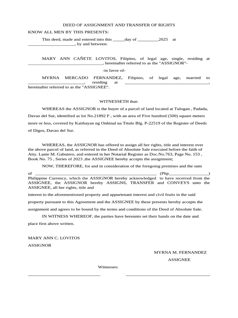 Deed of Assignment and Transfer of Rights | PDF