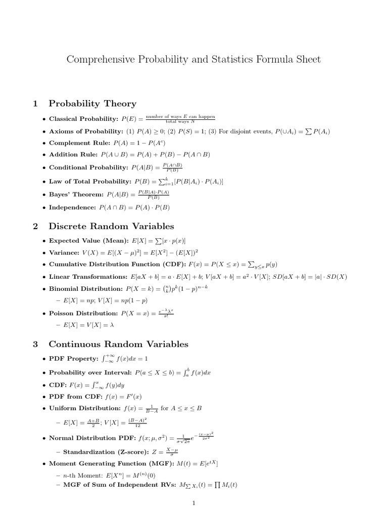 PSCS_formula_Sheet (1) | PDF | Probability Distribution | Variance