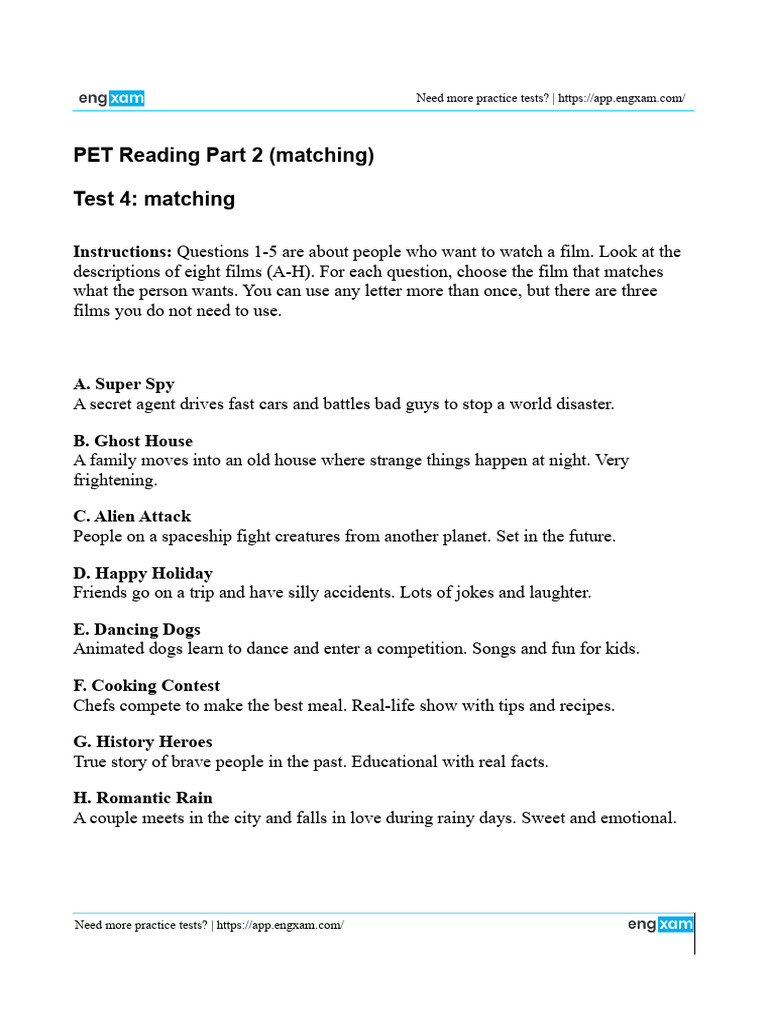 PET Reading Practice: Film Matching Test | PDF