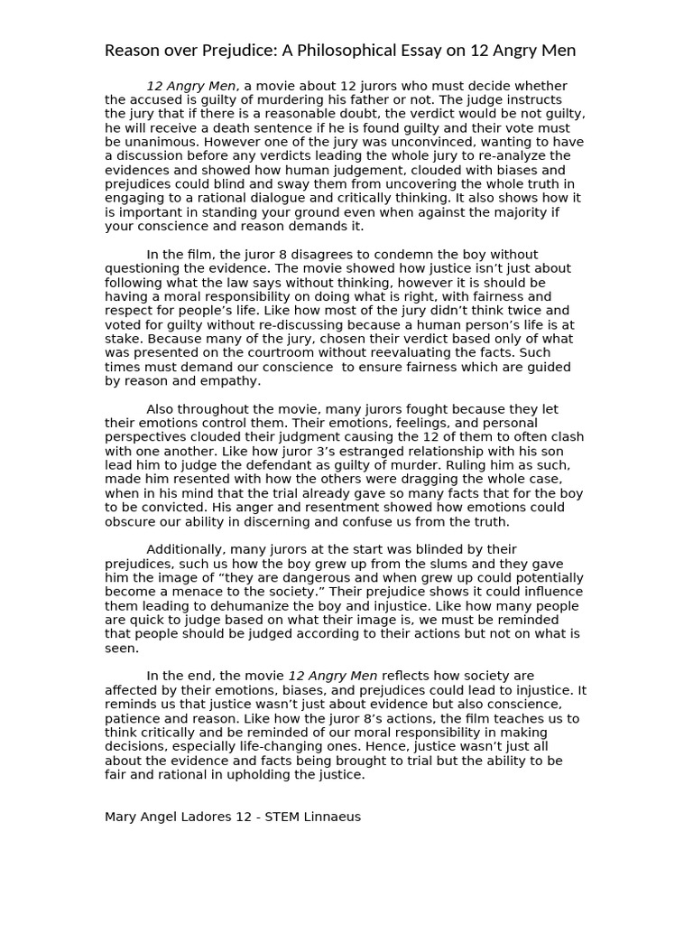 12 Angry Men Philosophical Essay | PDF | Verdict | Justice