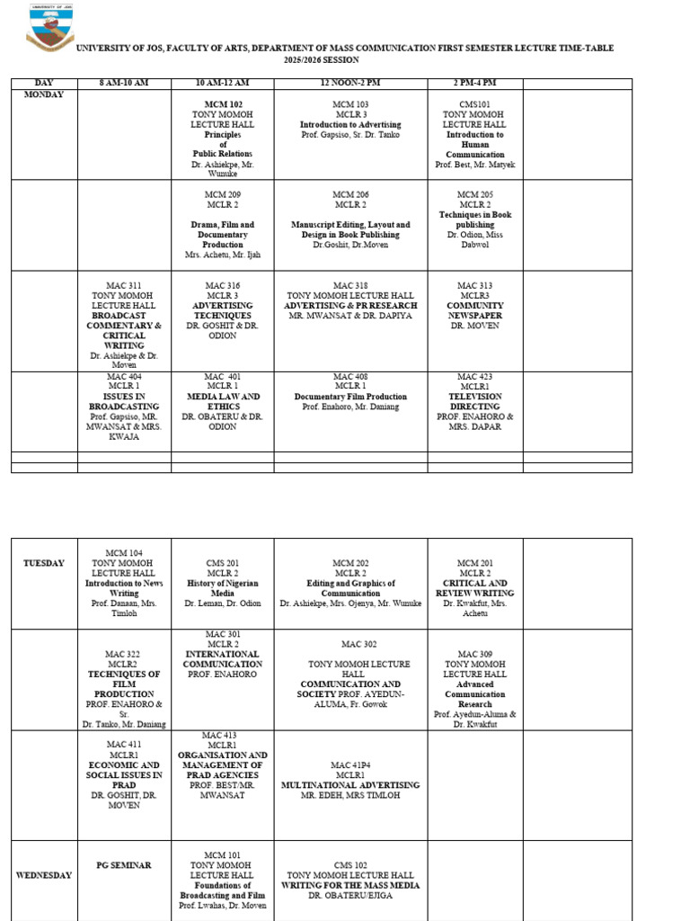 A Final Time Table First Semseter 2025 | PDF | Public Sphere | Mass Media