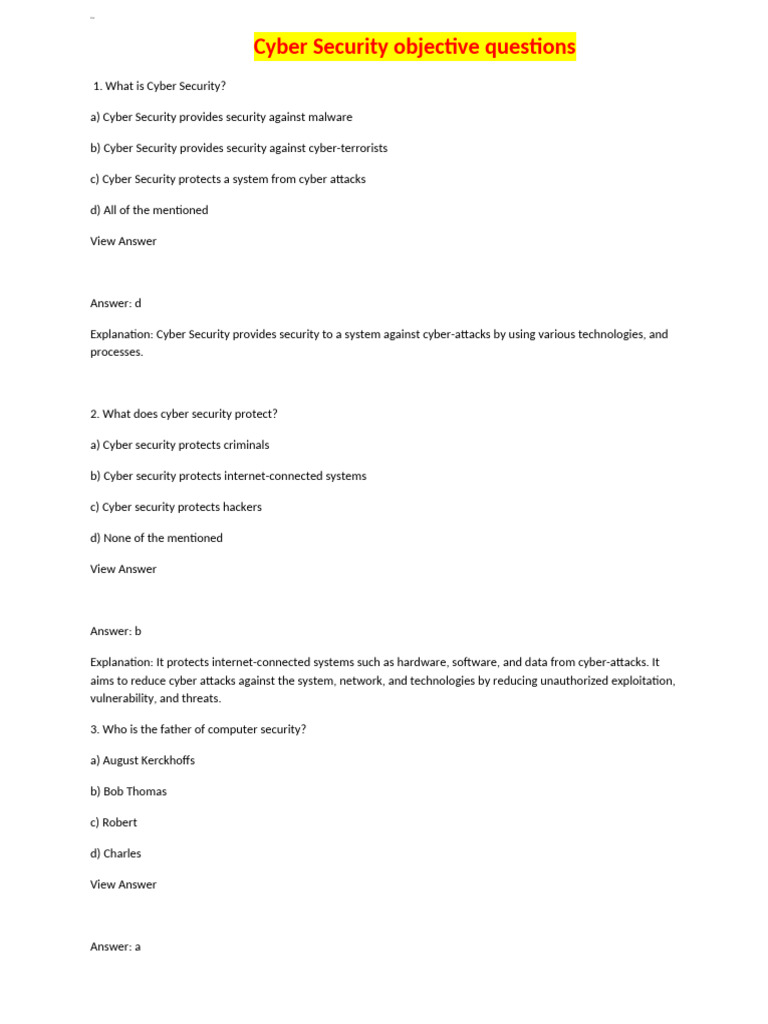 Cyber Security Quiz Questions and Answers | PDF | Denial Of Service ...
