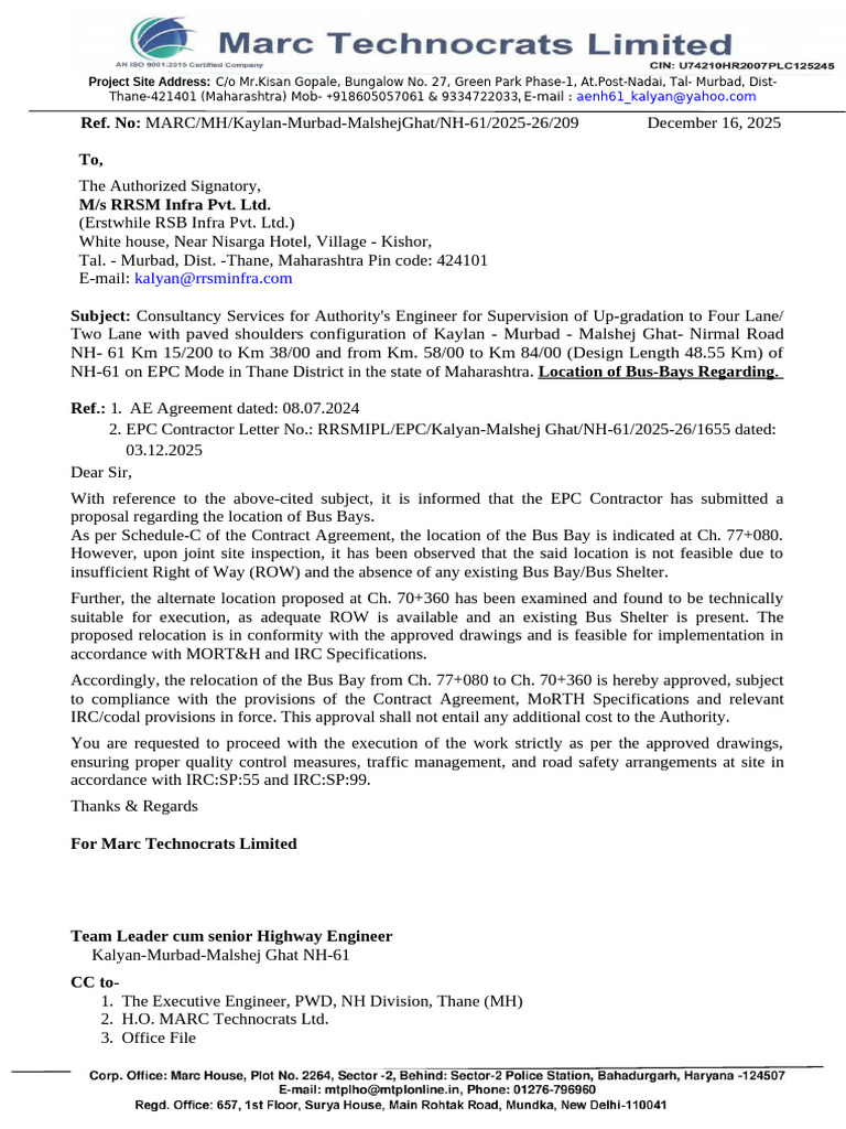 Bus Bay Relocation Approval for NH-61 | PDF
