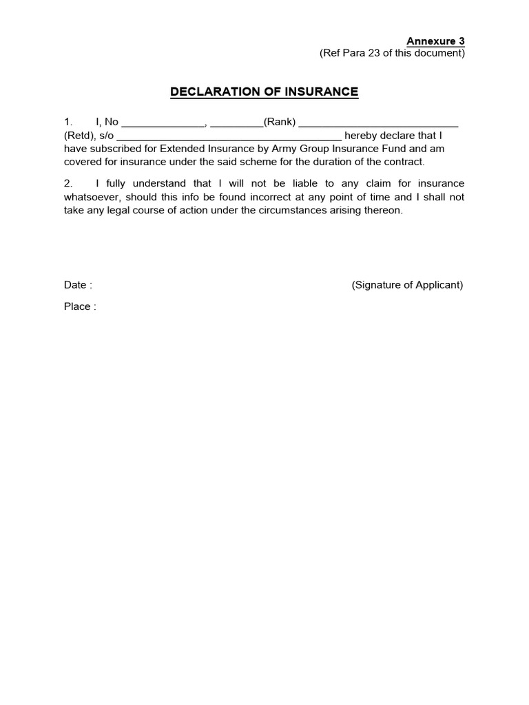 Army Insurance Declaration Form | PDF