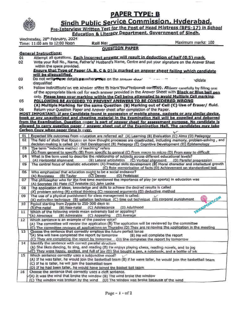 Spsc Head Master Past Paper 2024 | PDF