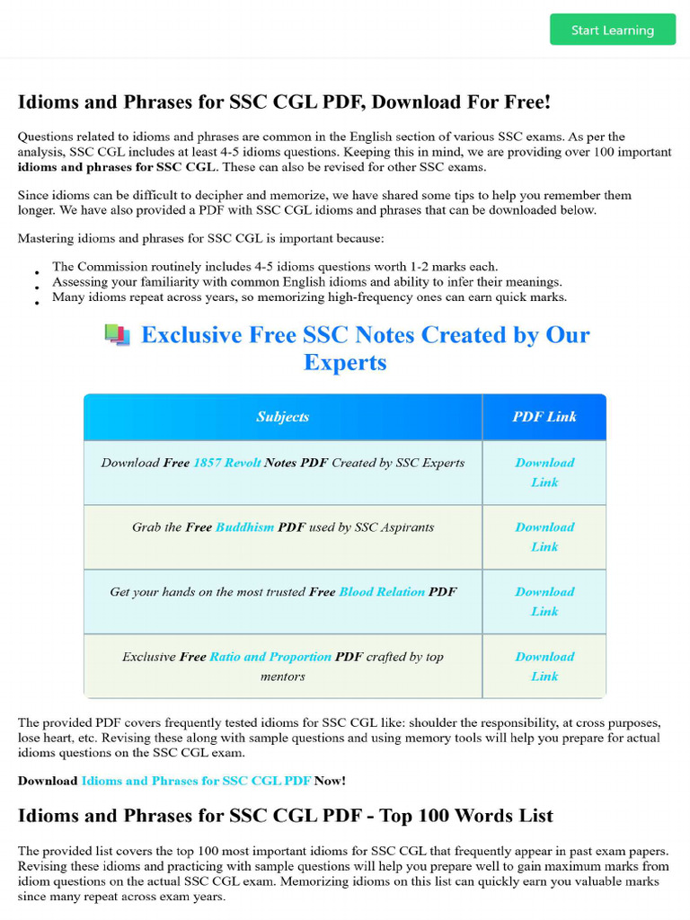 Idioms and Phrases For SSC CGL PDF, Download For Free! | PDF