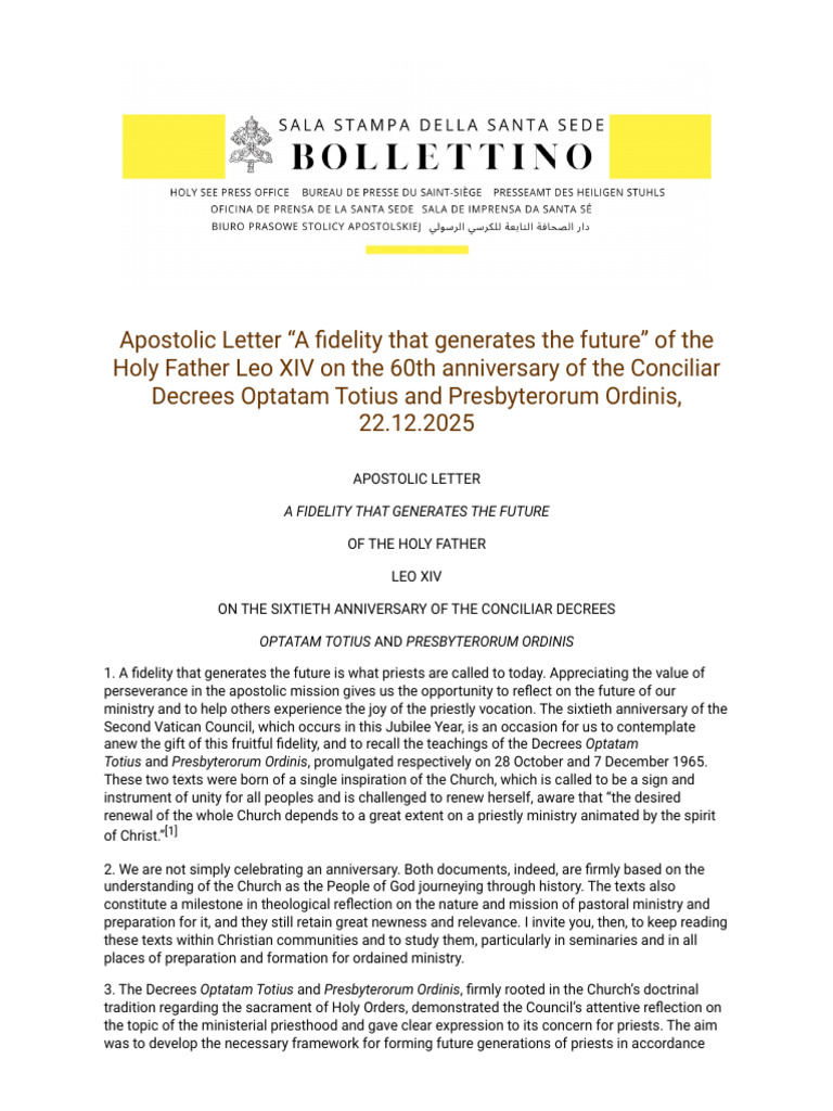 Apostolic Letter “a Fidelity That Generates the Future” of the Holy ...