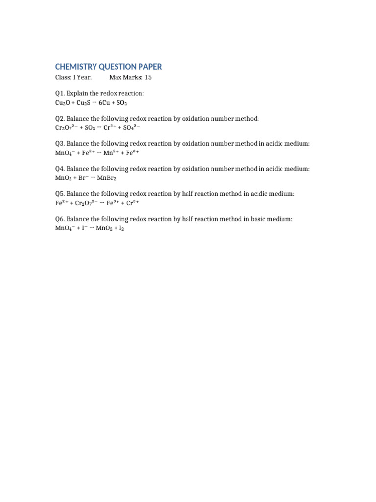 Chemistry Redox QP | PDF