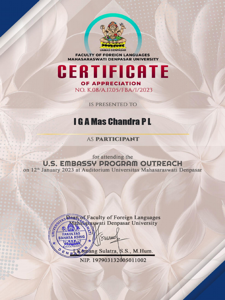 Certificate_VII H_I G a Mas Chandra P L_U.S. Embassy_Jan 12_2023 | PDF