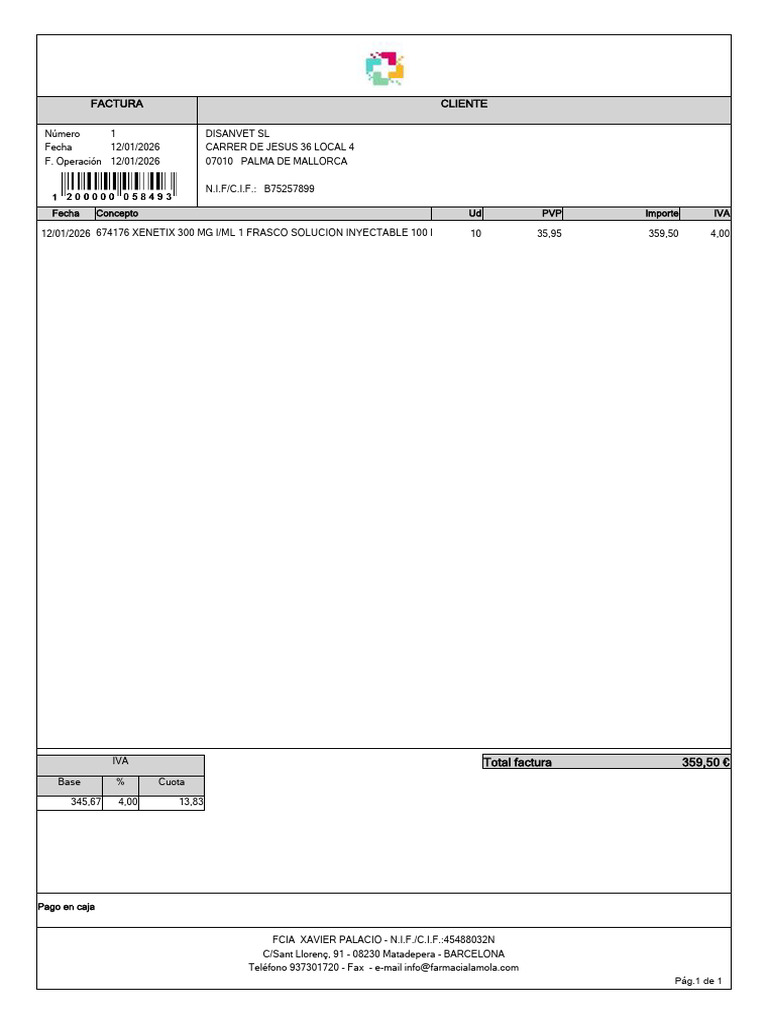 Factura Farmacia Javier Palacio Disanvet | PDF