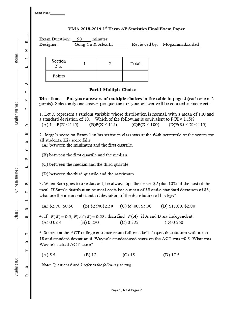 AP Statistics Final Exam Paper 2018-2019 | PDF | Tests | Statistics