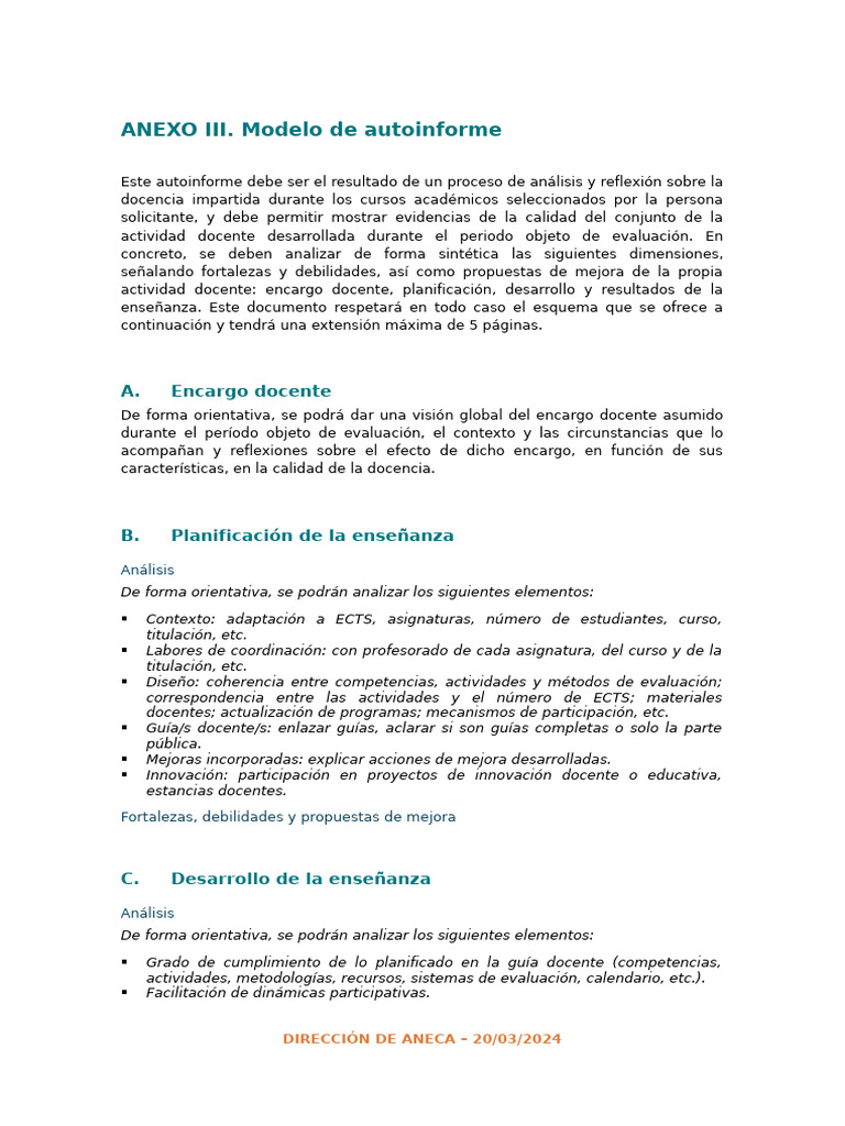 ANEXO III. Modelo Autoinforme Calidad Docente | PDF | Enseñando ...