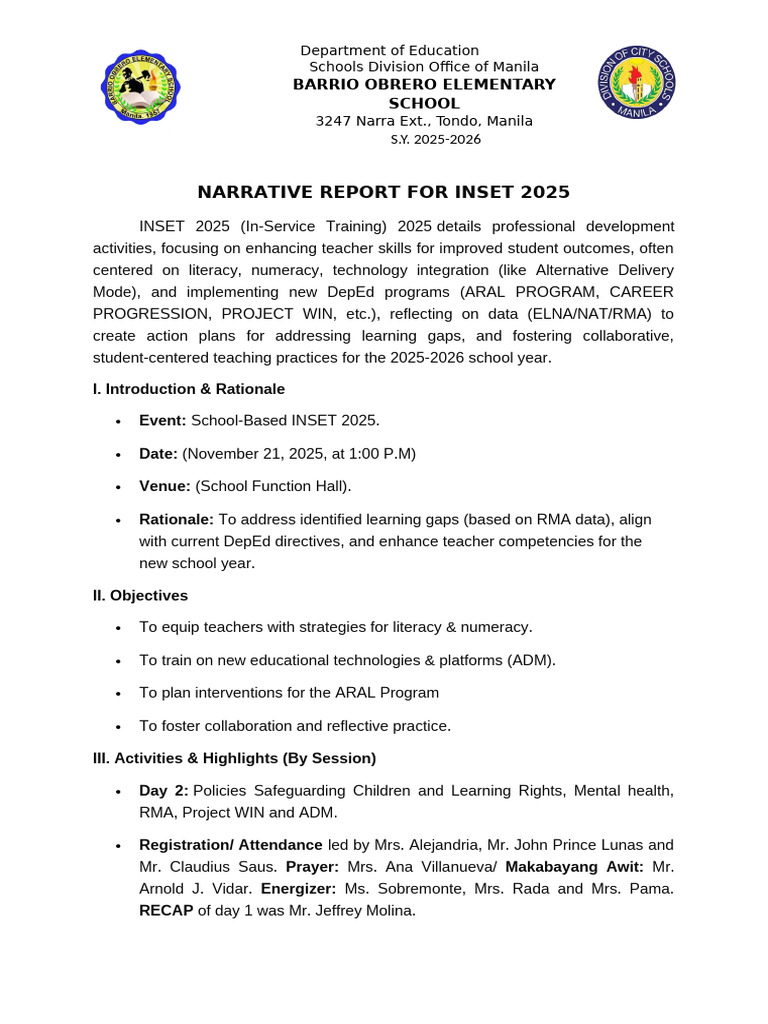 Inset Narrative Report | PDF | Human Communication | Cognition
