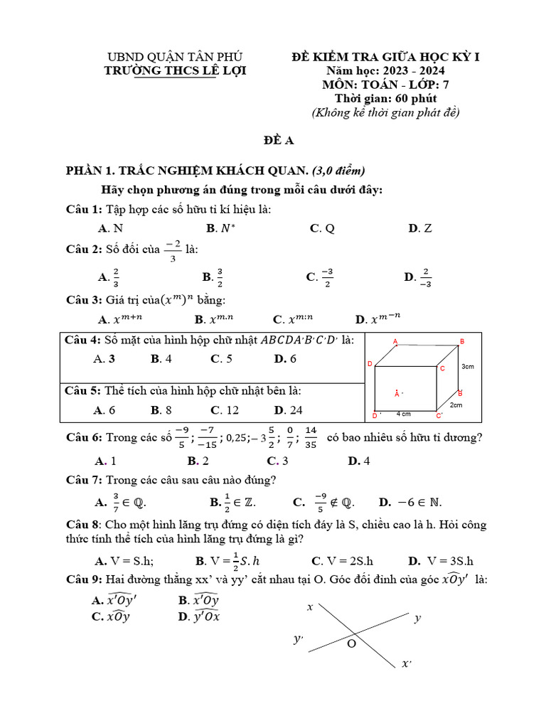 De Giua Hoc Ky 1 Toan 7 Nam 2023 2024 Truong Thcs Le Loi Tp Hcm | PDF