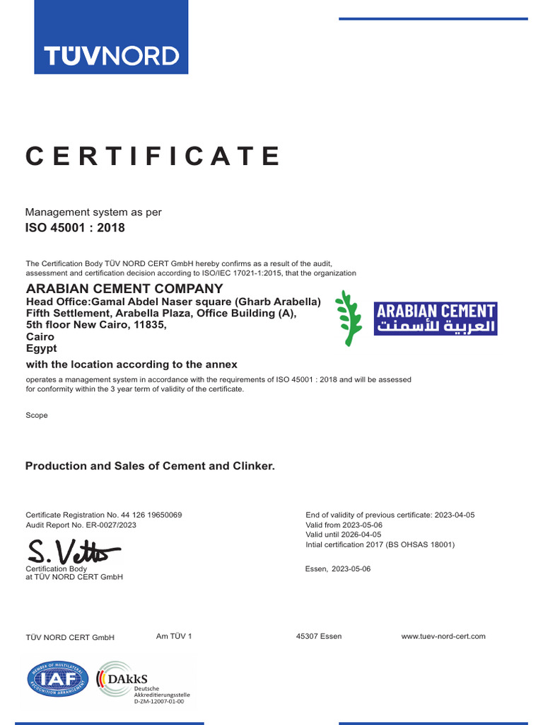 ISO 45001-2018 Arabian Cement.. | PDF