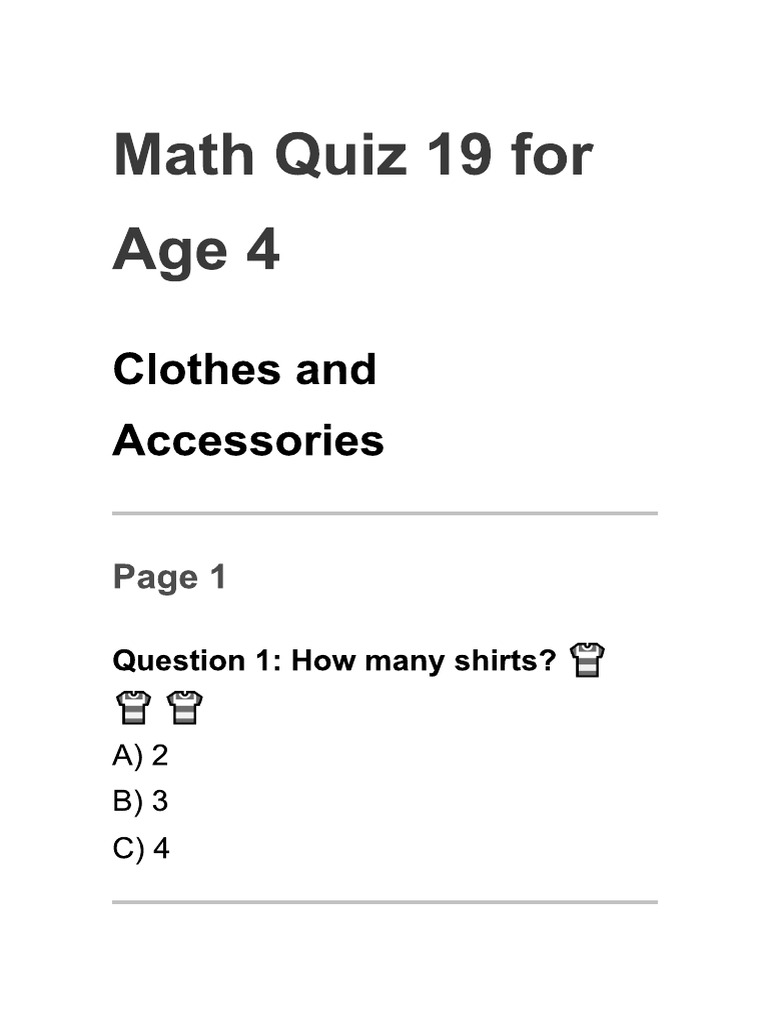 Math Quiz 19 for Age 4 - 20 Pages | PDF