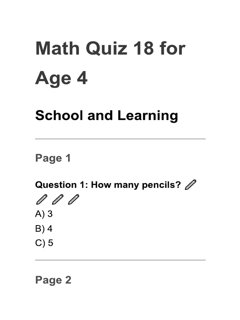 Math Quiz 18 for Age 4 - 20 Pages | PDF