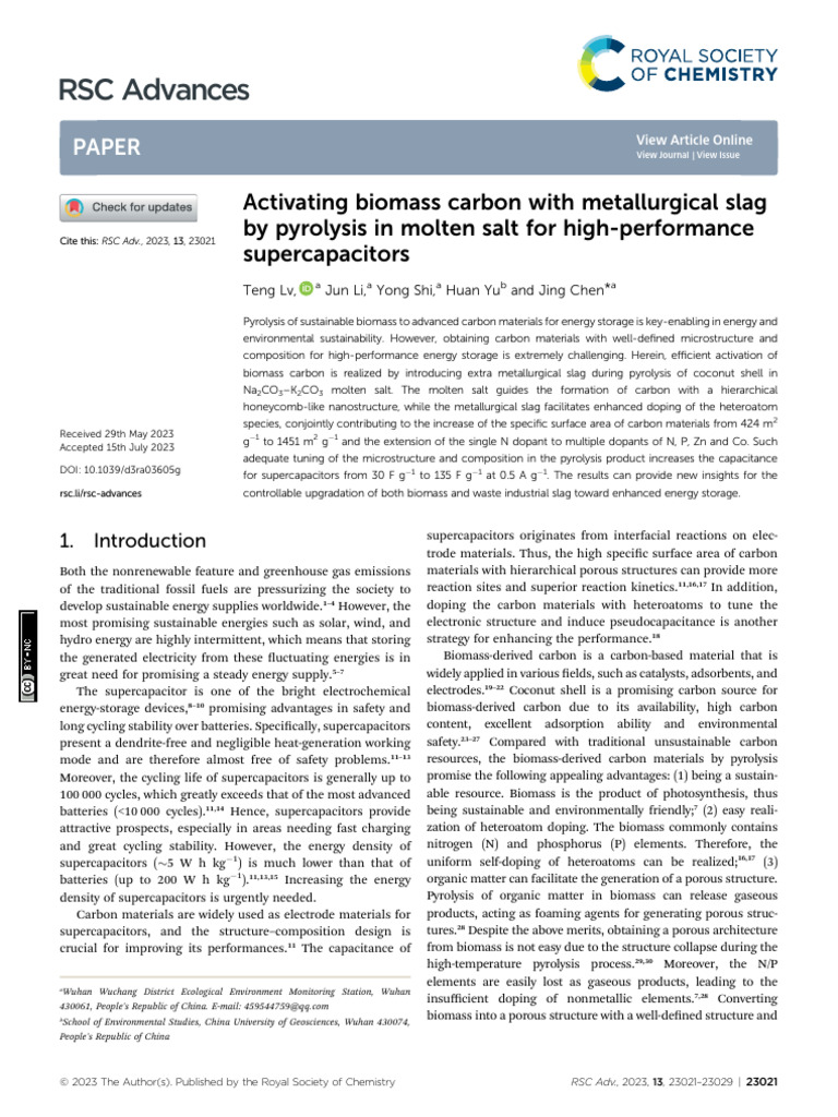 Activating Biomass Carbon With Metallurgical Slag by Pyrolysis in ...