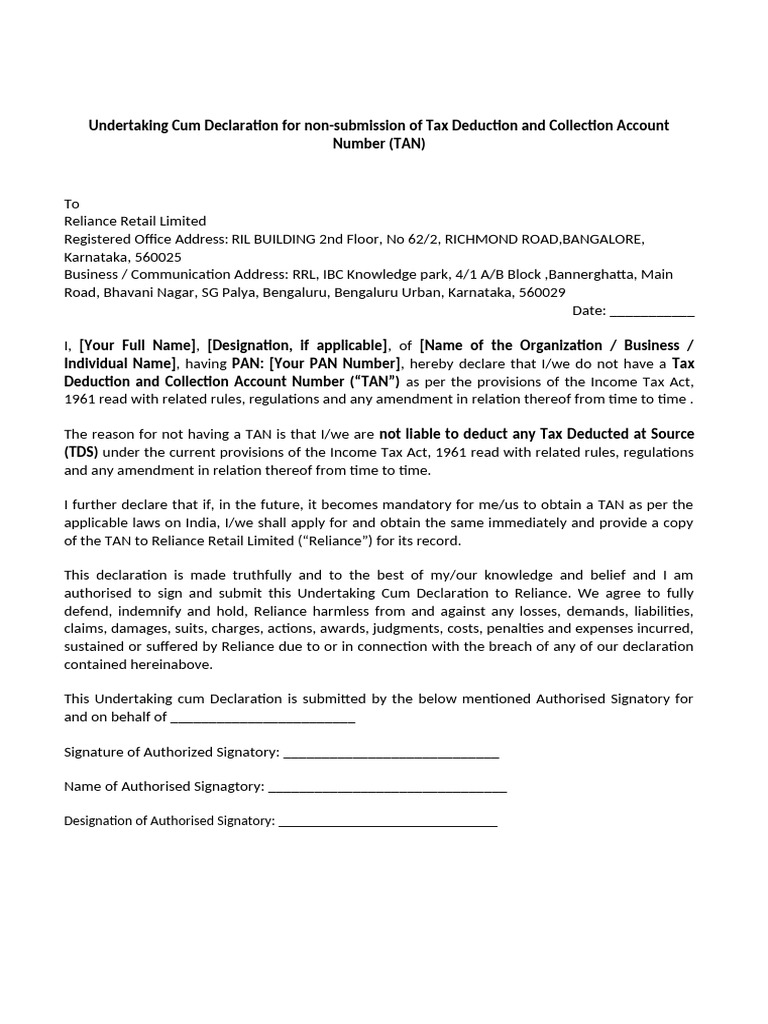 TAN Non-Submission Declaration Template | PDF
