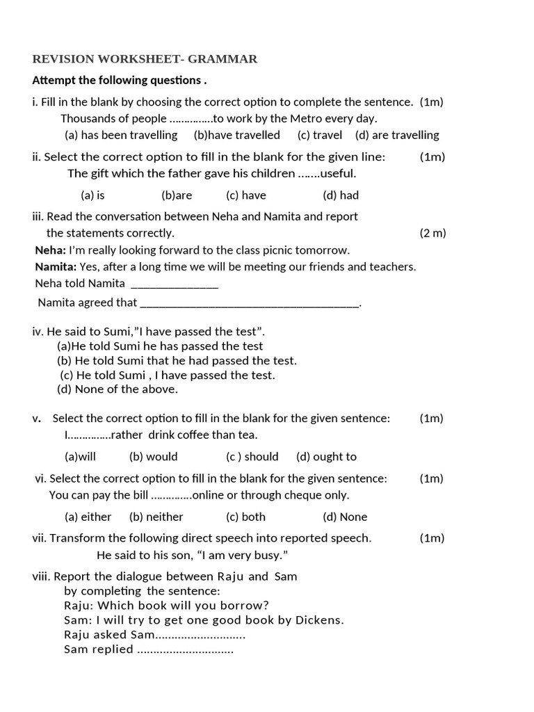 Grammar Revision Worksheet | PDF