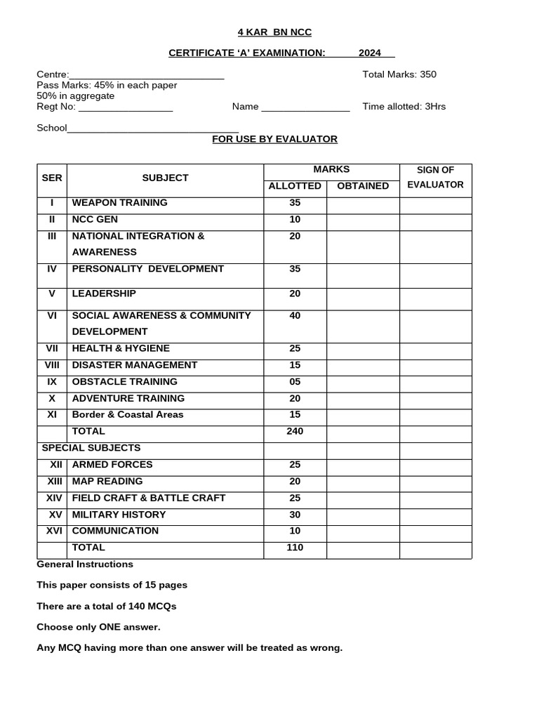 NCC Certificate 'A' Exam 2024 Guidelines | PDF | Compass | Communication