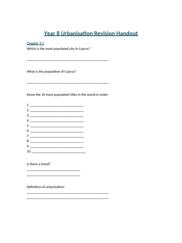 Year 8 Urbanisation Revision Handout | PDF | Urbanization | Chess Openings