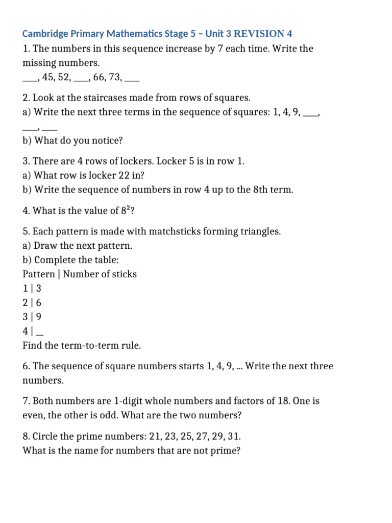 Cambridge Primary Mathematics Stage 5 – Unit 3 REVISION 4 | PDF ...