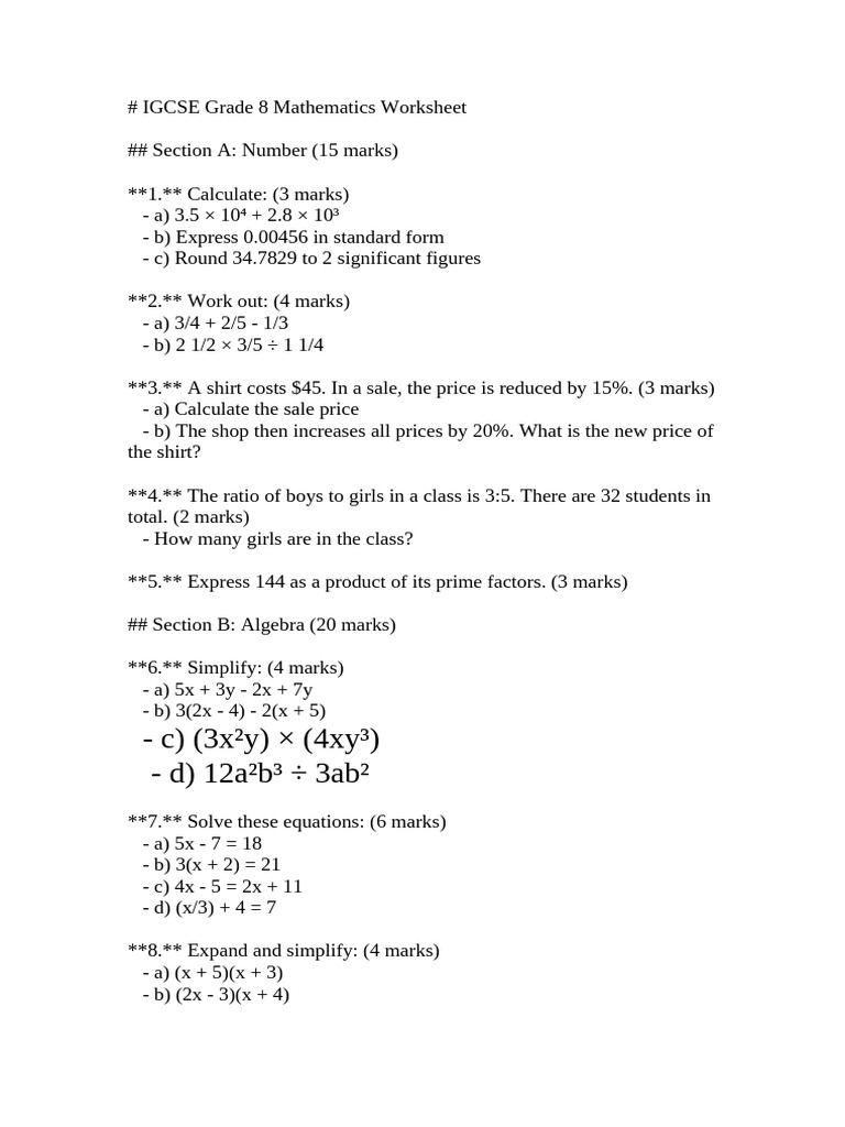 IGCSE Grade 8 Math Worksheet | PDF | Area | Mathematics