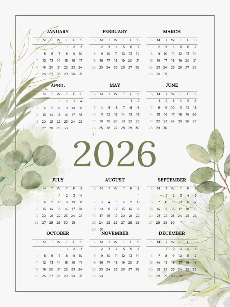 Green Elegant Watercolor Floral Illustration 2026 Monthly Calendar | PDF
