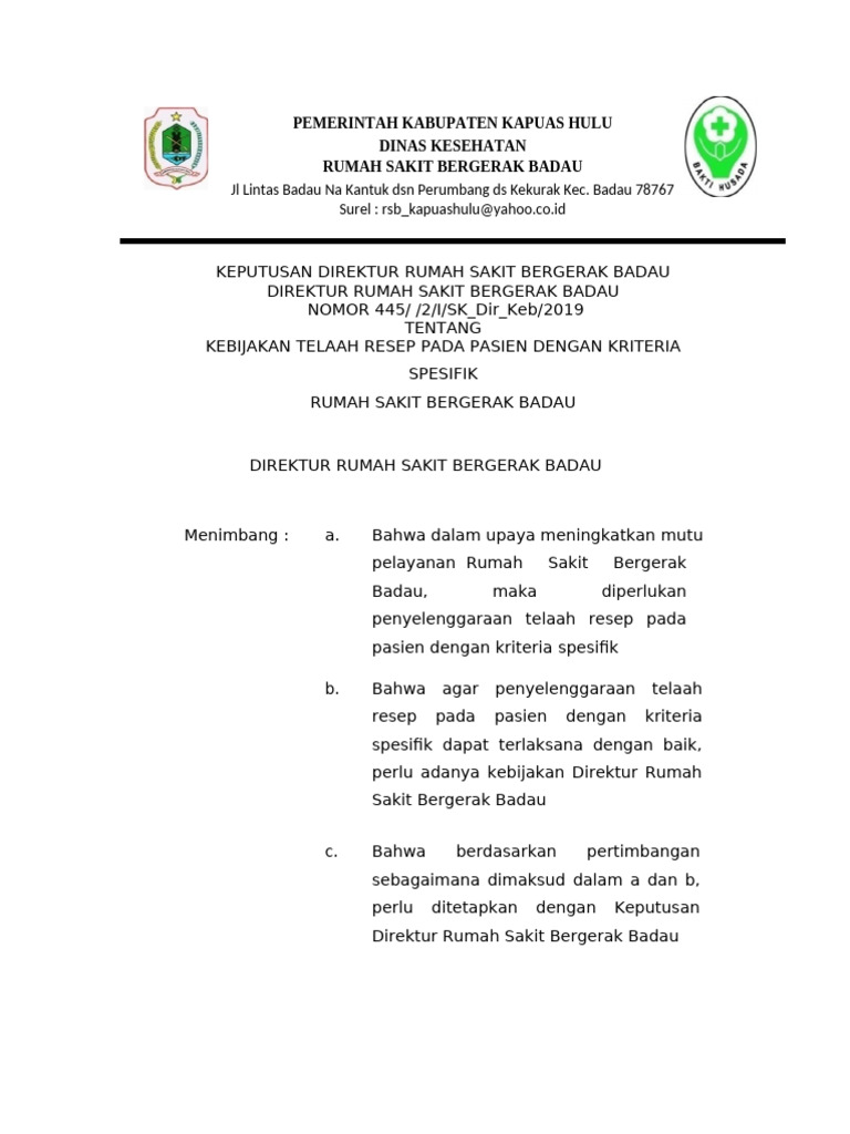 Kebijakan Telaah Resep RS Bergerak Badau | PDF